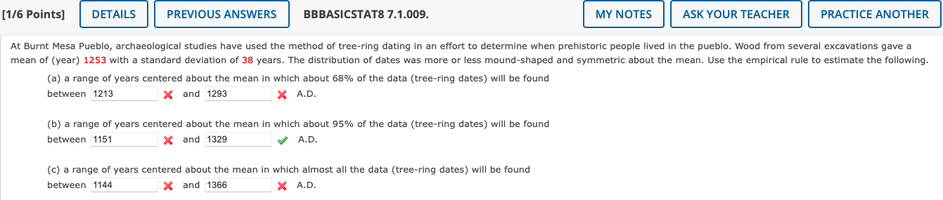 Solved [1/6 Points) DETAILS PREVIOUS ANSWERS BBBASICSTAT8 | Chegg.com