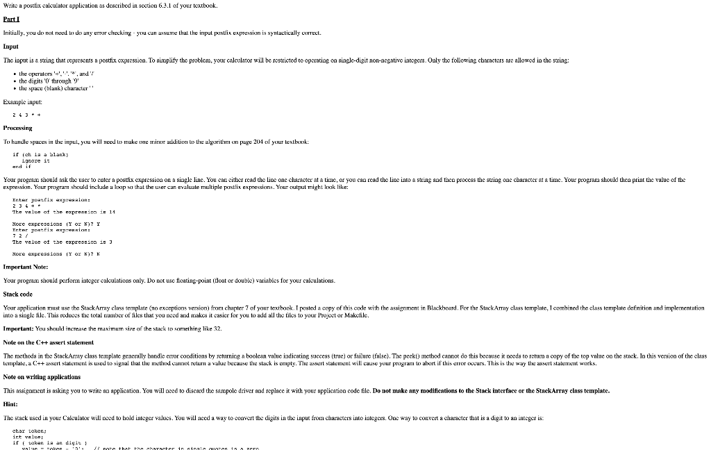 Solved Write a postfix ealculator application a5 described | Chegg.com