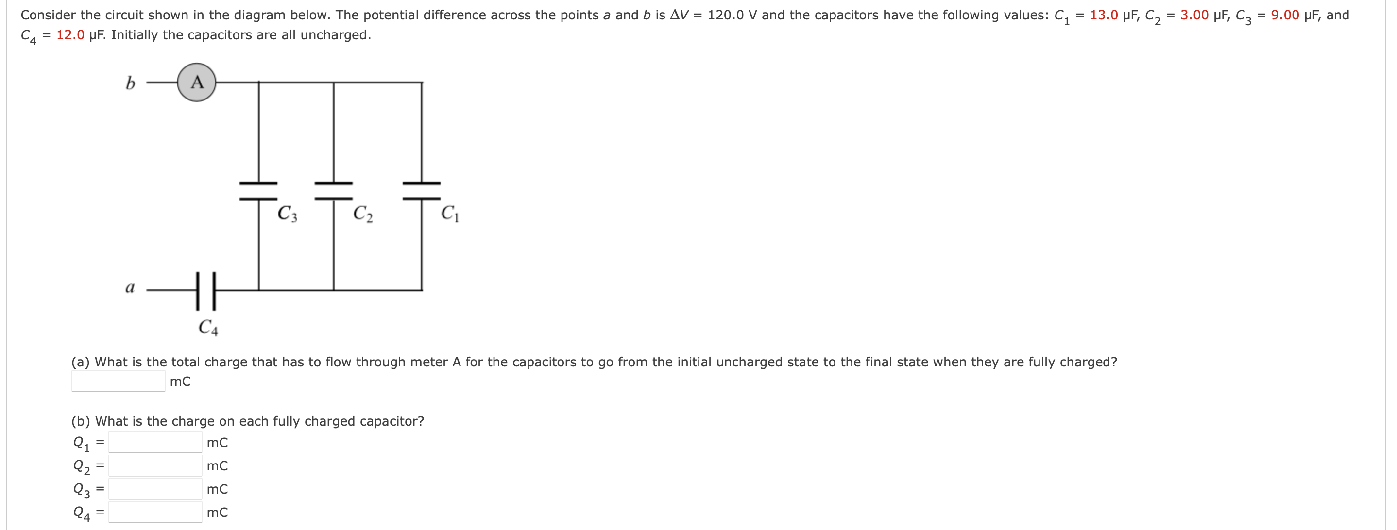 Solved C4=12.0μF. ﻿Initially the capacitors are all | Chegg.com