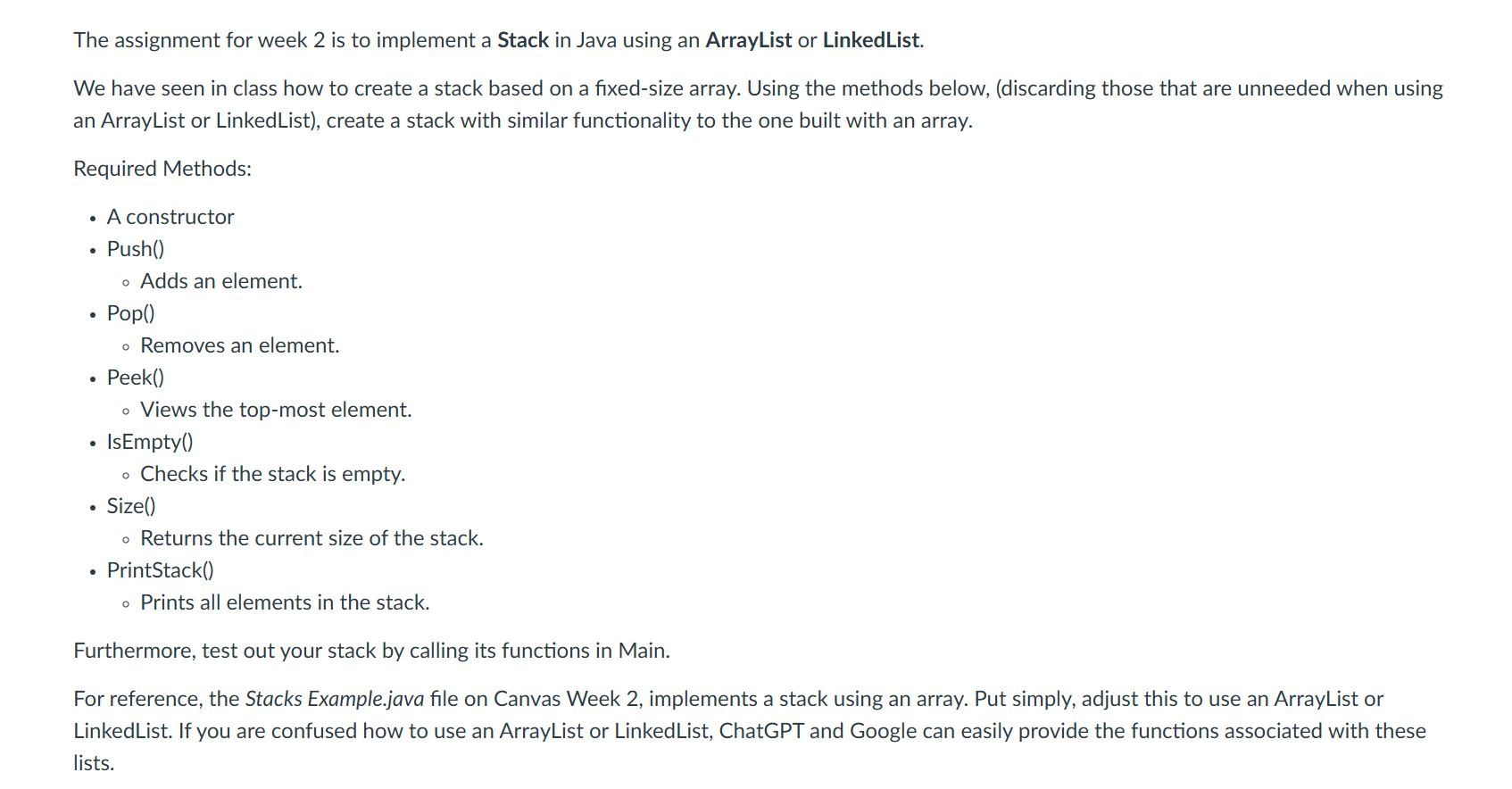 Solved The assignment for week 2 ﻿is to implement a Stack in | Chegg.com