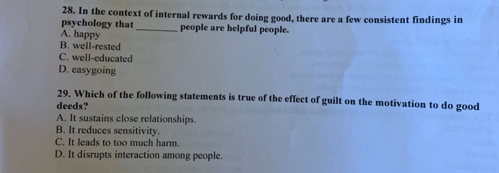 Solved 28. In the context of internal rewards for doing | Chegg.com