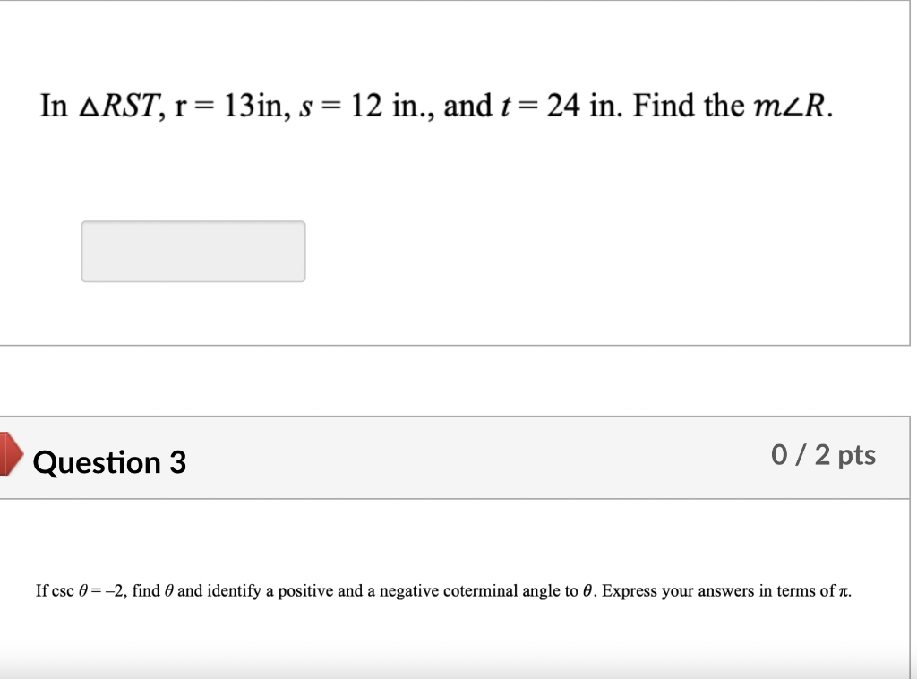 Solved In RST,r=13 in, s=12 in., and t=24 in. Find the m∠R. | Chegg.com