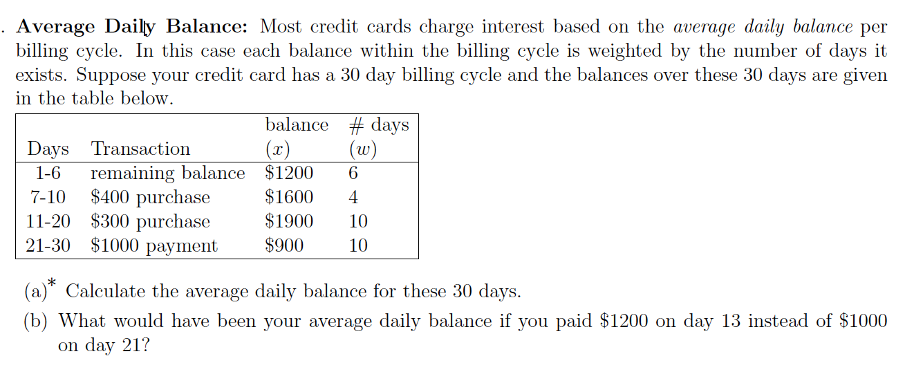 Solved . Average Daily Balance: Most credit cards charge | Chegg.com