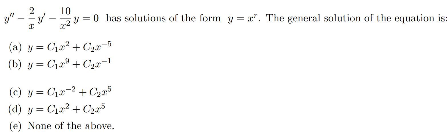 Solved y′′−x2y′−x210y=0 has solutions of the form y=xr. The | Chegg.com