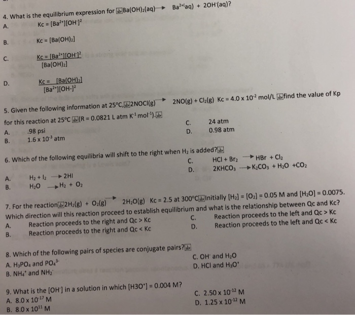 Solved Ba2+(aq) + 20H(aq)? 4. What is the equilibrium | Chegg.com