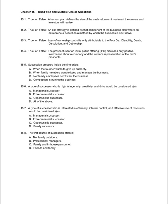 Solved Chapter 15-True/False and Multiple Choice Questions | Chegg.com