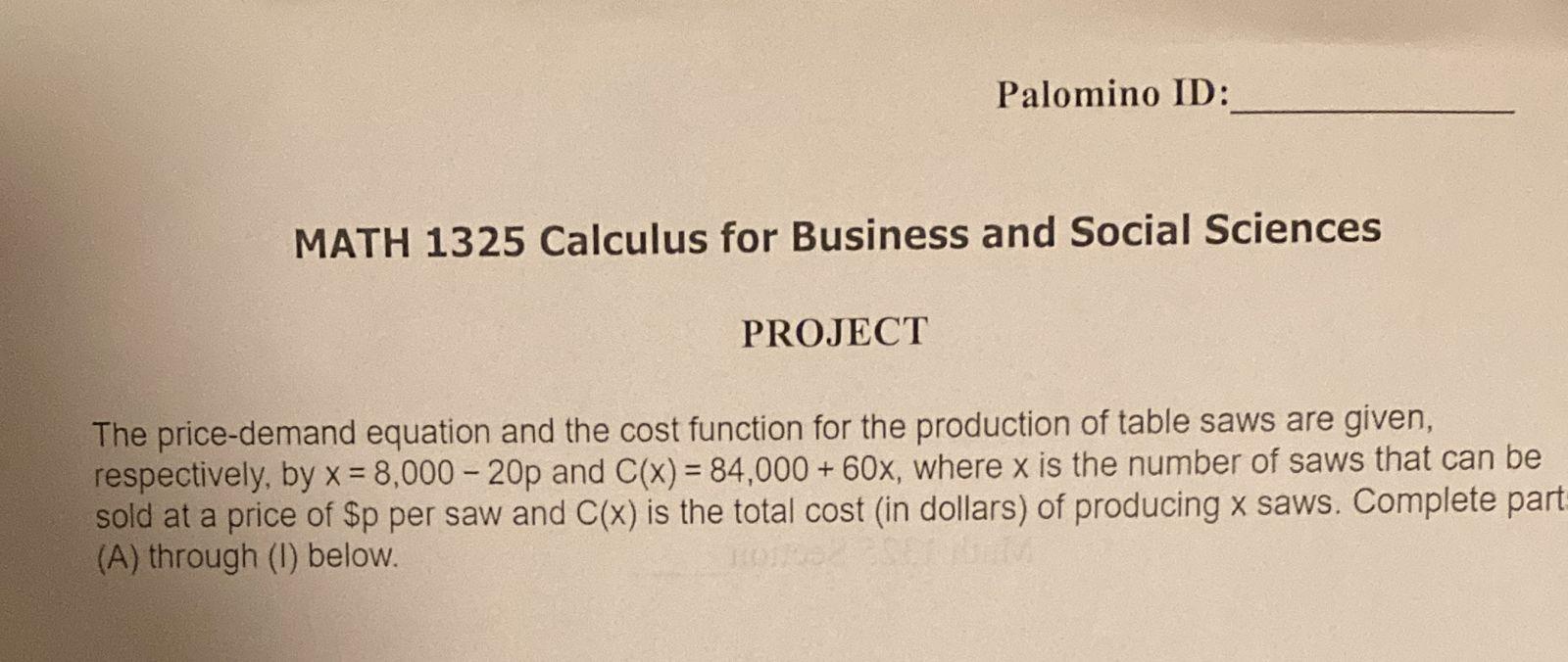 Solved Palomino ID: MATH 1325 Calculus for Business and | Chegg.com
