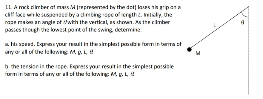 Solved 11. A rock climber of mass M (represented by the dot) | Chegg.com
