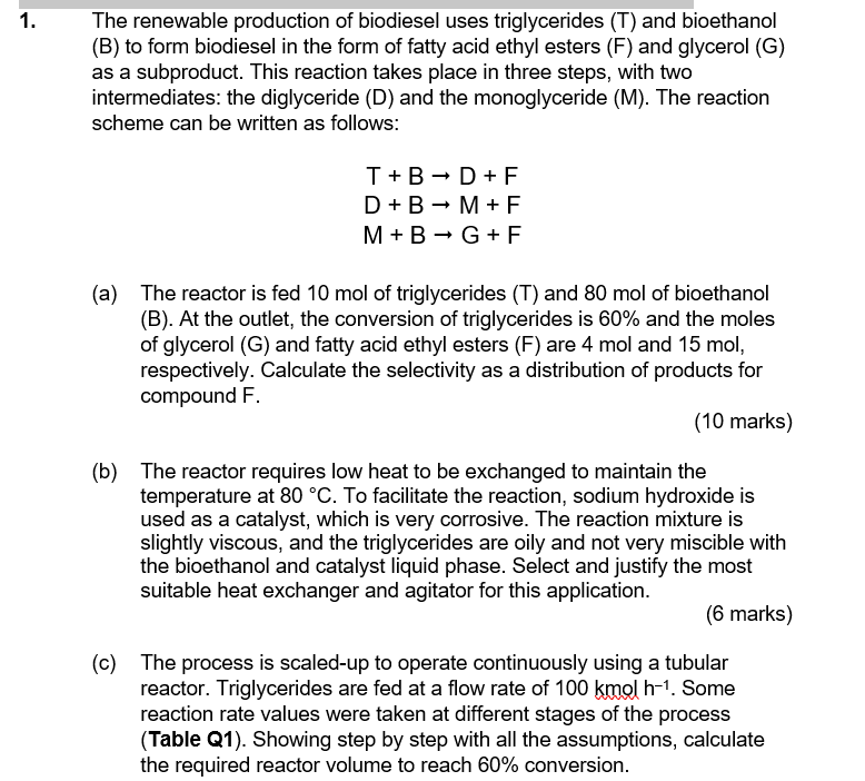 1. ﻿The renewable production of biodiesel uses | Chegg.com