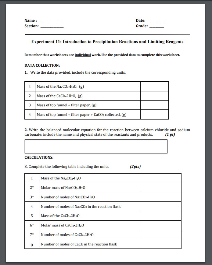 Solved Data for Experiment 11: Introduction to Precipitation | Chegg.com