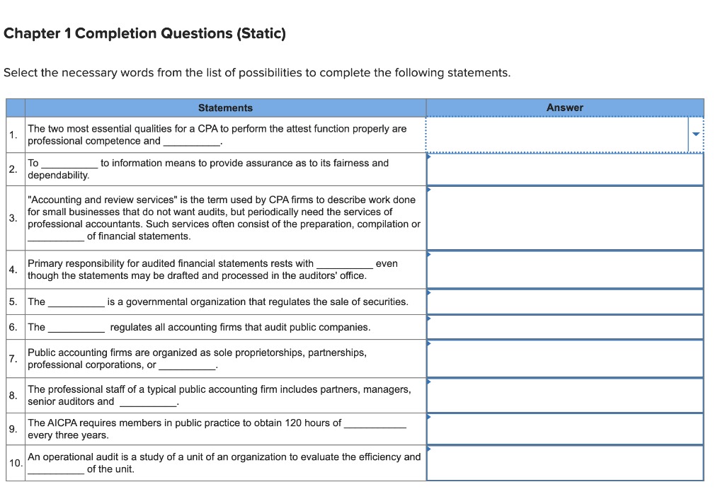Solved Chapter 1 Completion Questions (Static) Select the | Chegg.com