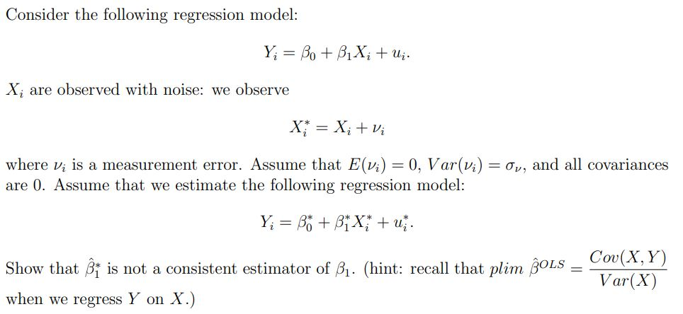 Solved Consider the following regression model: Y; = Bo + | Chegg.com