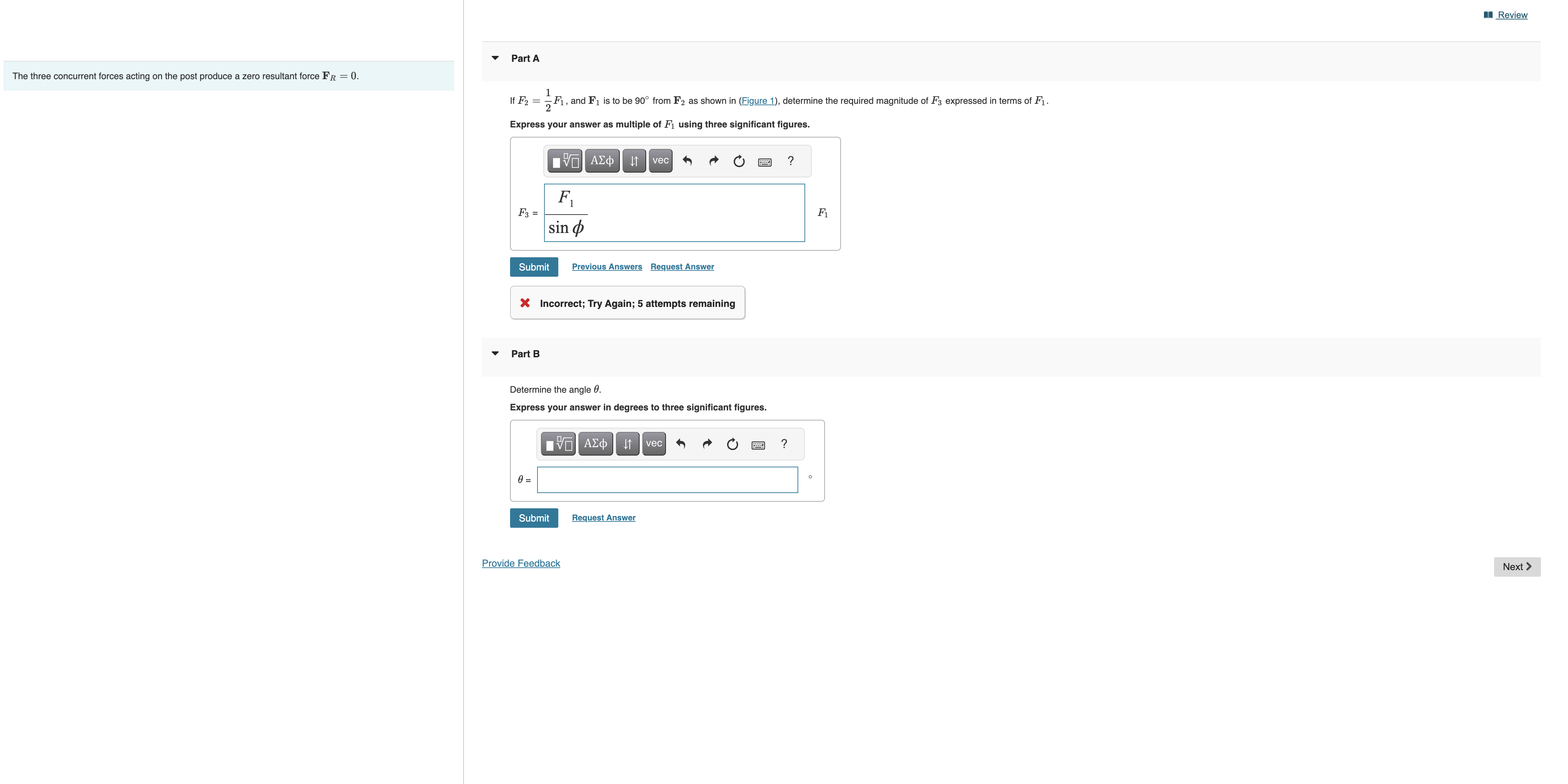 Solved The three concurrent forces acting on the post | Chegg.com
