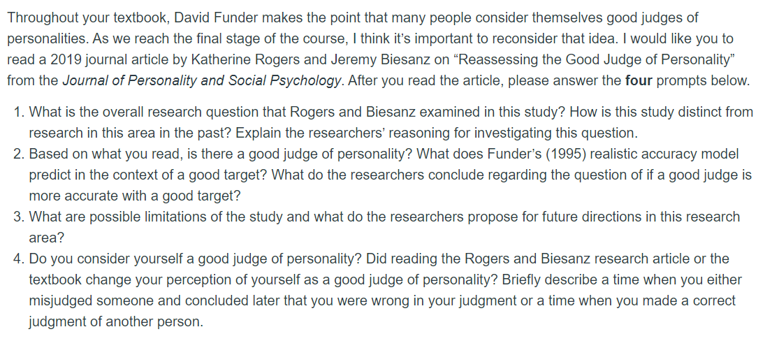 Solved Throughout your textbook, David Funder makes the | Chegg.com