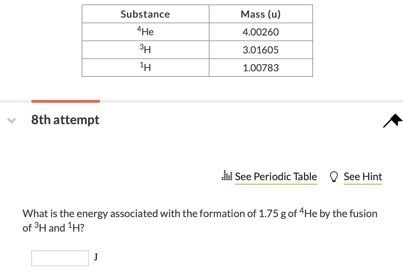 Solved Mass (u) Substance 4He 4.00260 ЗН 3.01605 1H 1.00783 | Chegg.com