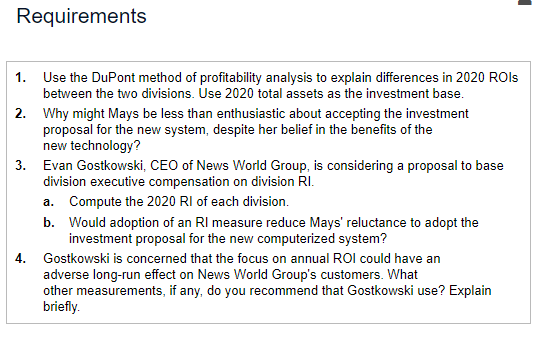 Solved Requirements 1. Use the DuPont method of | Chegg.com