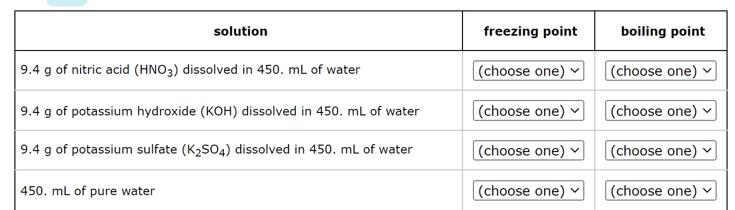 \begin{tabular}{|l|l|l|} \hline solution & freezing | Chegg.com