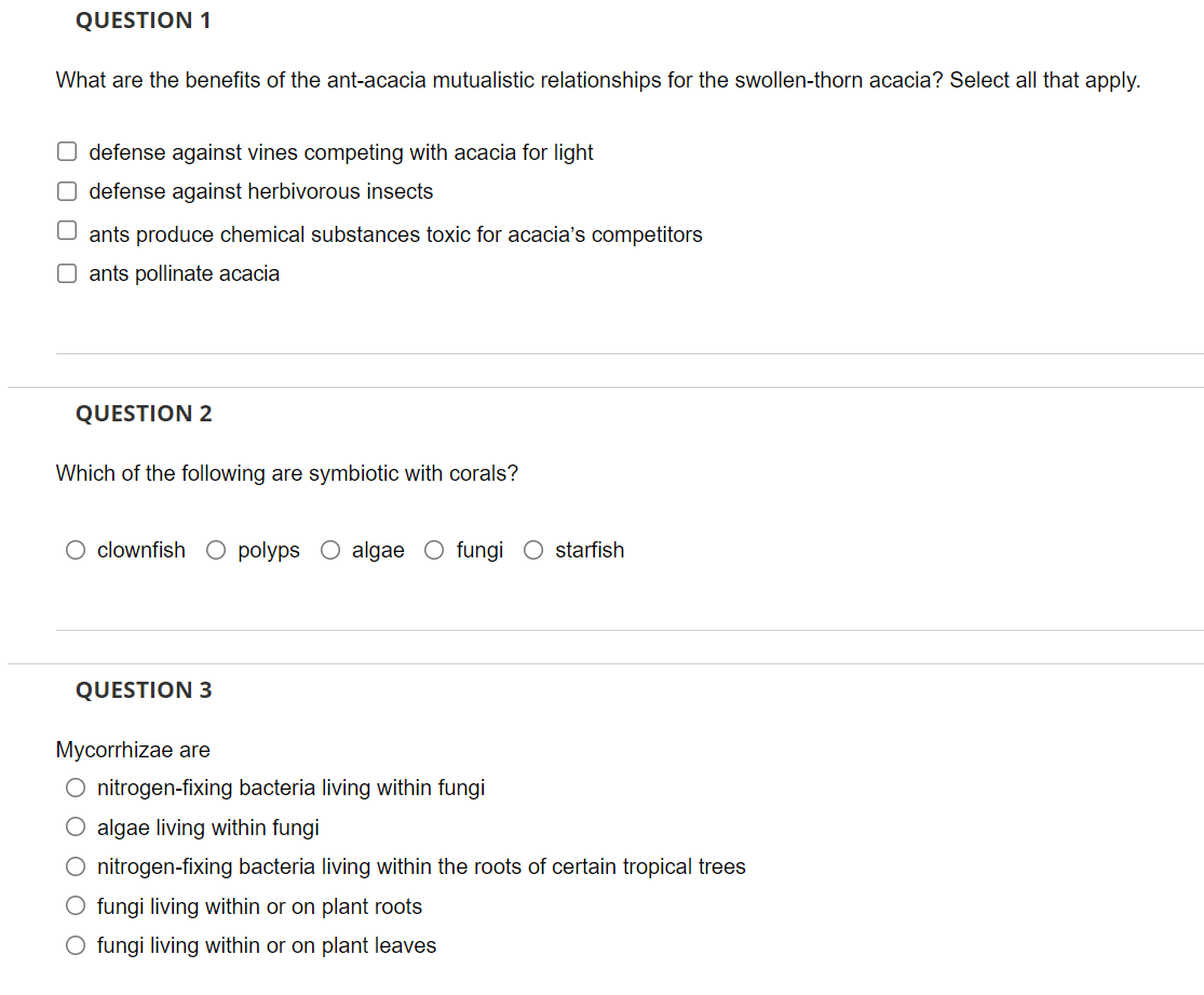 Solved QUESTION 1 What are the benefits of the ant-acacia | Chegg.com
