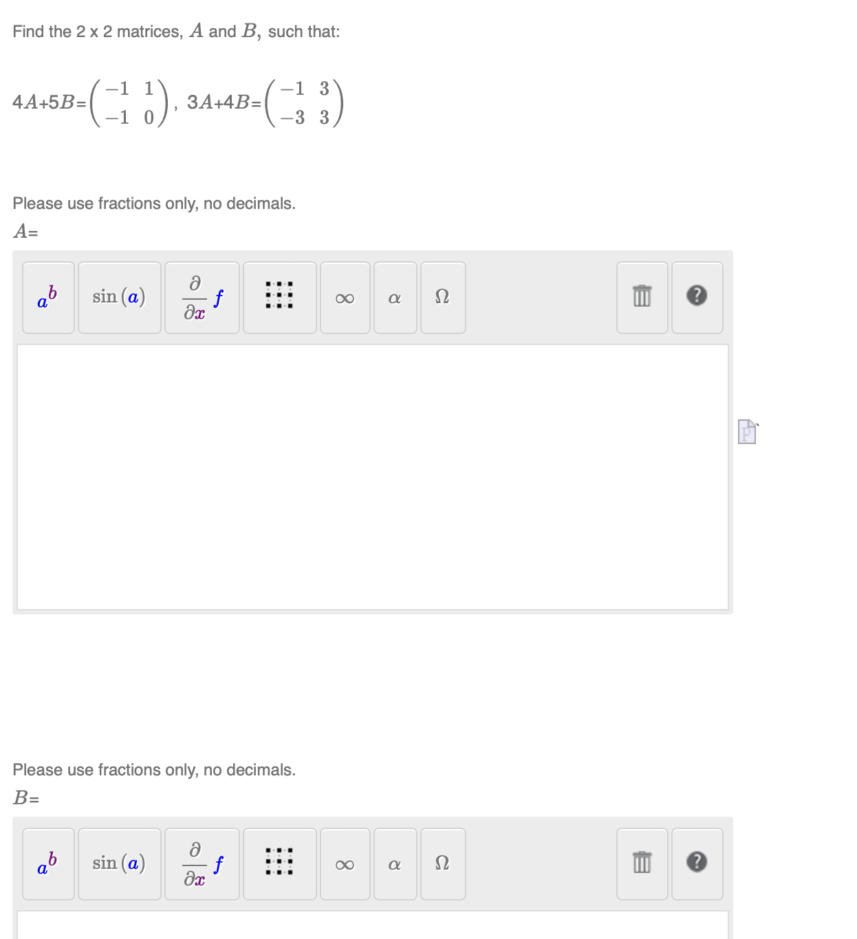 Solved Find the 2×2 ﻿matrices, A and B, ﻿such | Chegg.com