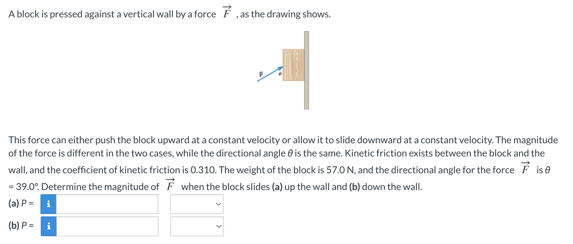 Solved A block is pressed against a vertical wall by a force | Chegg.com