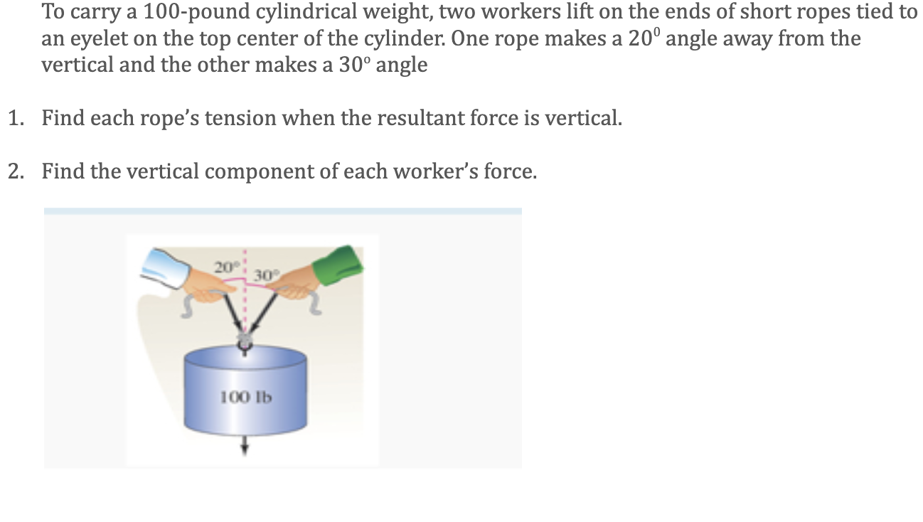 Solved To carry a 100-pound cylindrical weight, two workers | Chegg.com