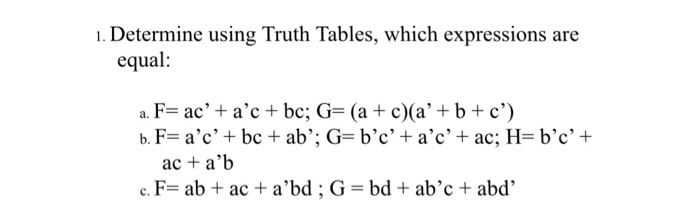 Solved 1 . Determine using Truth Tables, which expressions | Chegg.com