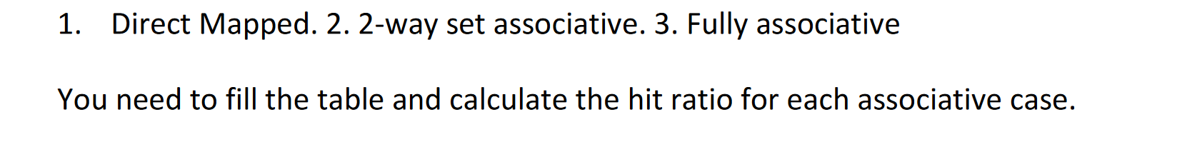 Solved 1. Direct Mapped. 2. 2-way set associative. 3. Fully | Chegg.com