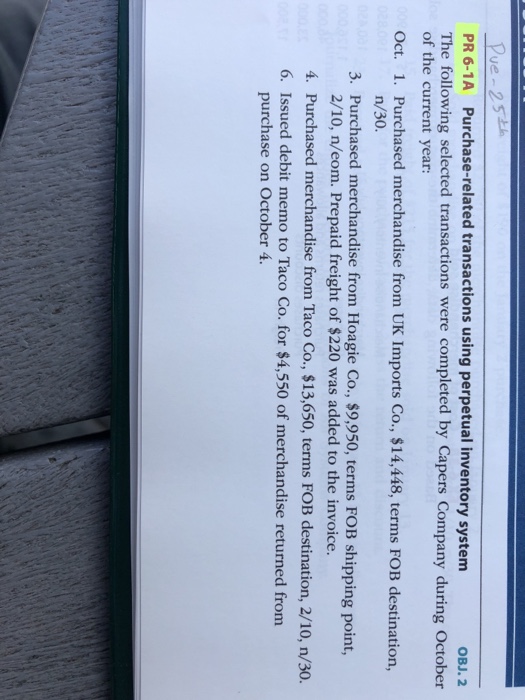 Solved e 25 PR 6-1A Purchase-related transactions using | Chegg.com
