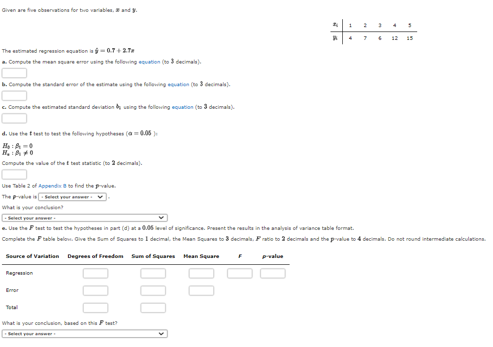 Solved Given are five observations for two variables, and | Chegg.com