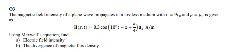 Solved as Q3 The magnetic field intensity of a plane wave | Chegg.com