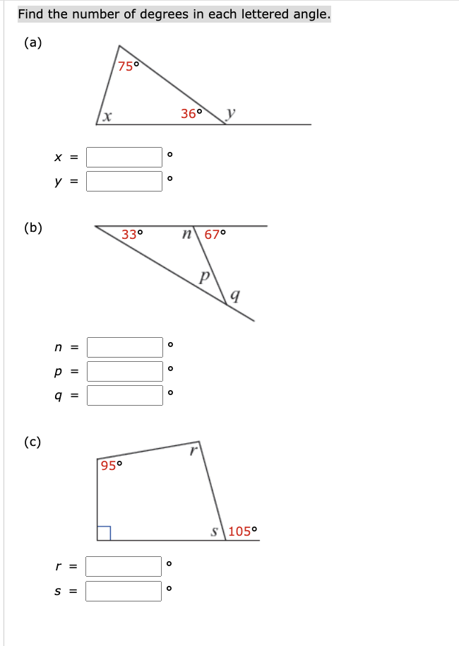 Solved Find the number of degrees in each lettered angle. | Chegg.com