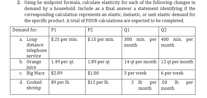 Solved 2. Using he midpoint formula, calculate elasticity | Chegg.com