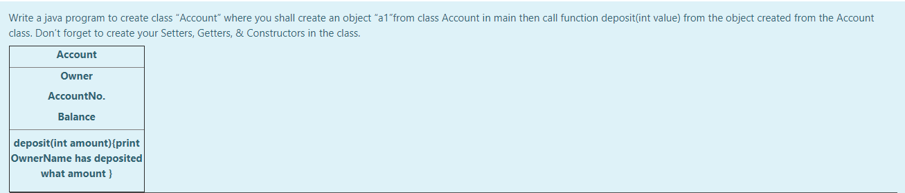 Solved Write a java program to create class "Account" where | Chegg.com