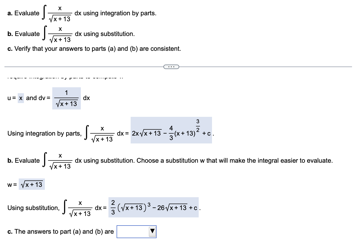 Solved a. Evaluate \\\\int (x)/(\\\\sqrt(x+13))dx using | Chegg.com