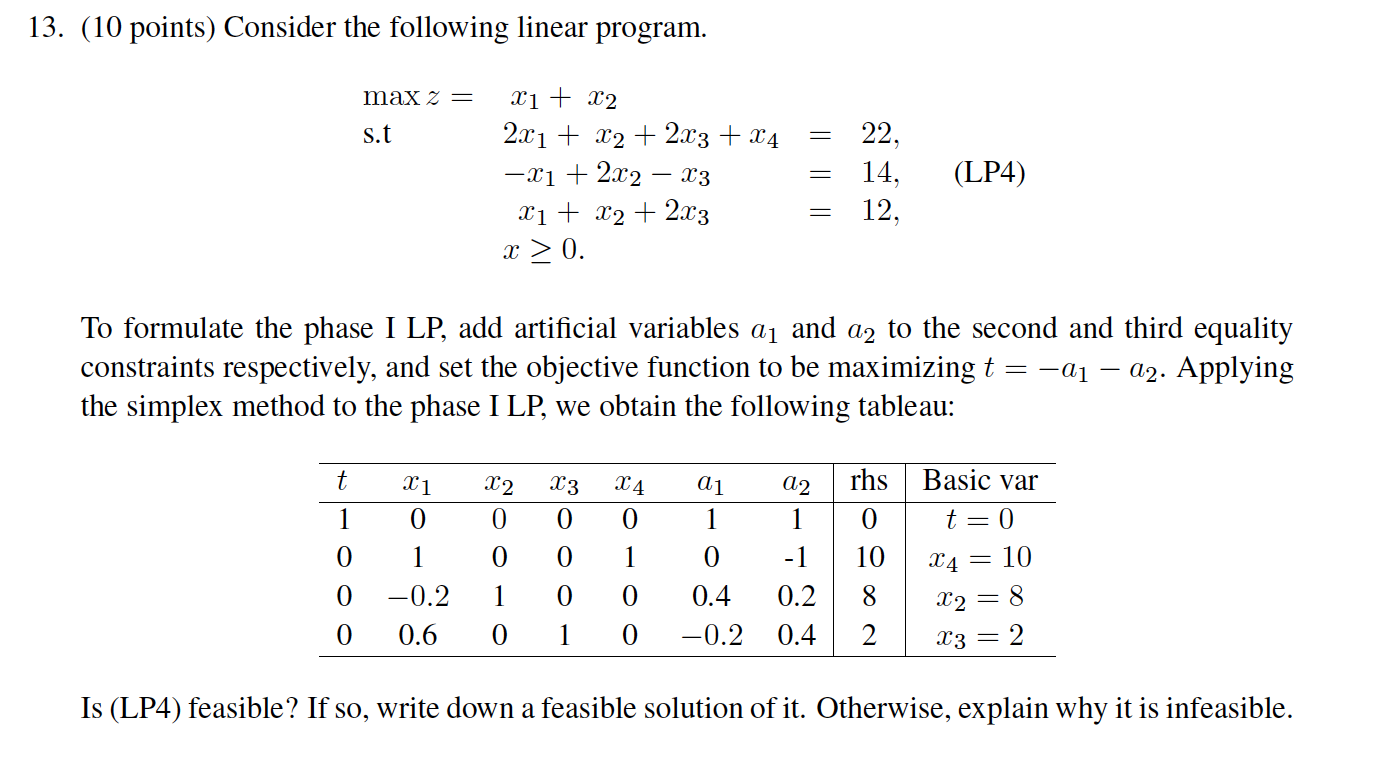 13. (10 points) Consider the following linear | Chegg.com