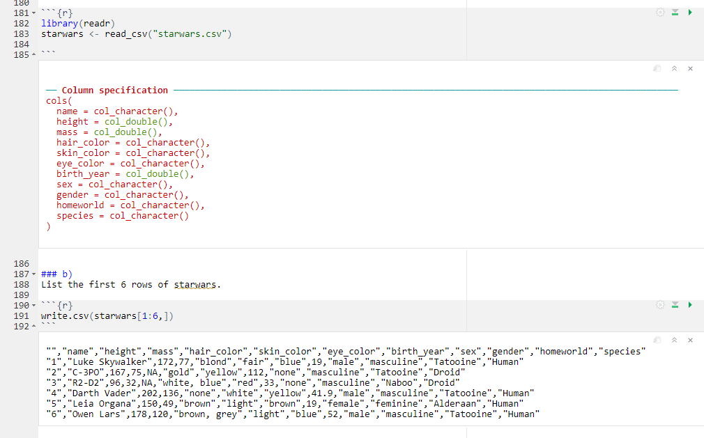 Solved 180 181 - ***{n} 182 library(readr) 183 starwars