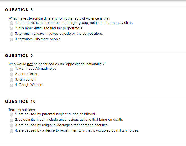 Solved QUESTION 8 What makes terrorism different from other | Chegg.com