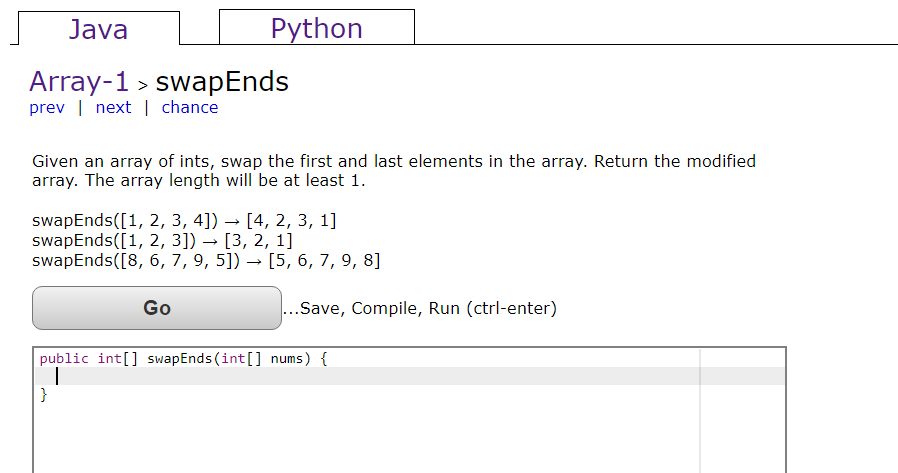 Solved Java Python Array-1 > swapEnds prev next chance Given | Chegg.com