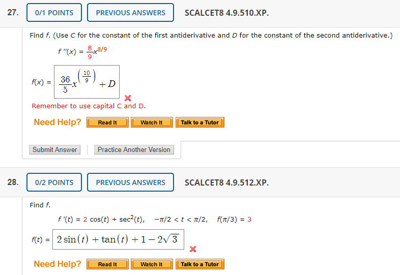 Solved 0/1 POINTS PREVIOUS ANSWERS SCALCET8 4.9.510.XP. Find | Chegg.com