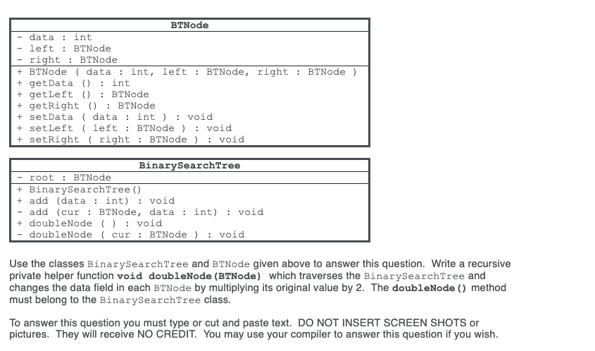 BTNode - data : int - left : BTNode - right : BTNode | Chegg.com