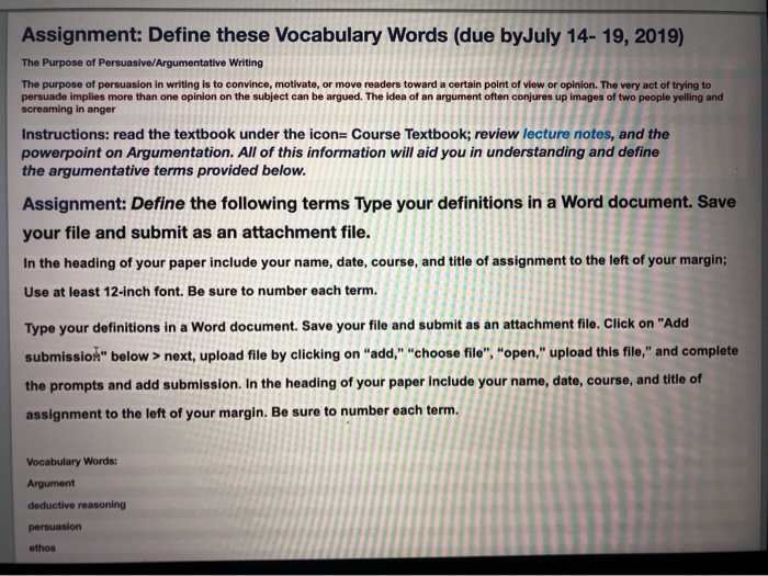 Assignment: Define these Vocabulary Words (due byJuly | Chegg.com