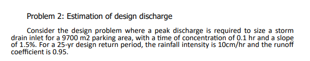 Solved Problem 2: Estimation of design discharge Consider | Chegg.com