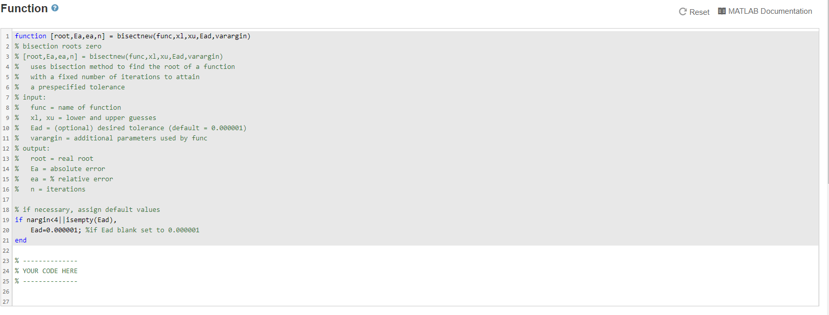 Solved Function C Reset I MATLAB Documentation 1 function | Chegg.com