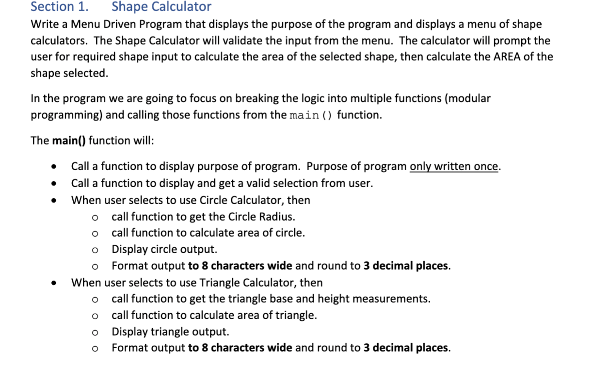 Solved Section 1. Shape Calculator Write a Menu Driven | Chegg.com
