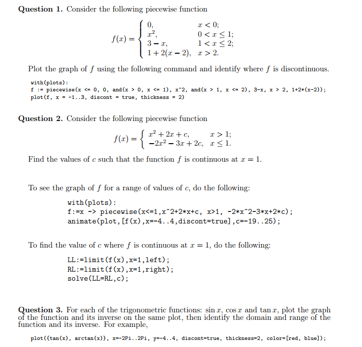 Solved Question 1. Consider the following piecewise function | Chegg.com