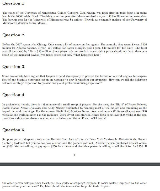 Solved Please answer these questions using sports economic | Chegg.com Solved Please answer these questions using sports economic | Chegg.com