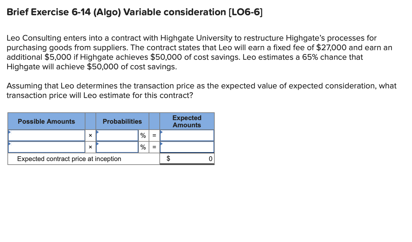 Solved Brief Exercise 6-14 (Algo) Variable consideration | Chegg.com Solved Brief Exercise 6-14 (Algo) Variable consideration | Chegg.com