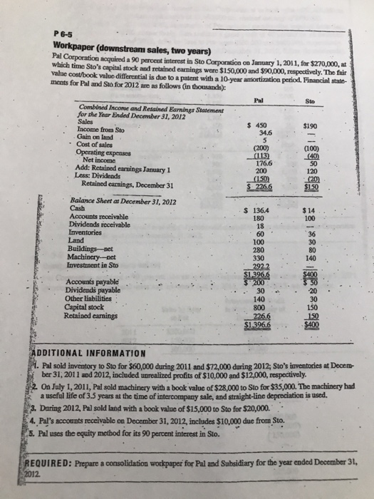 P 6-5 Workpaper (downstream sales, two years) Pal | Chegg.com