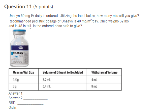 Solved Question 11 (5 points) Unasyn 60 mg IV daily.is | Chegg.com