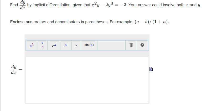 Solved Find dydx ﻿by implicit differentiation, given that | Chegg.com